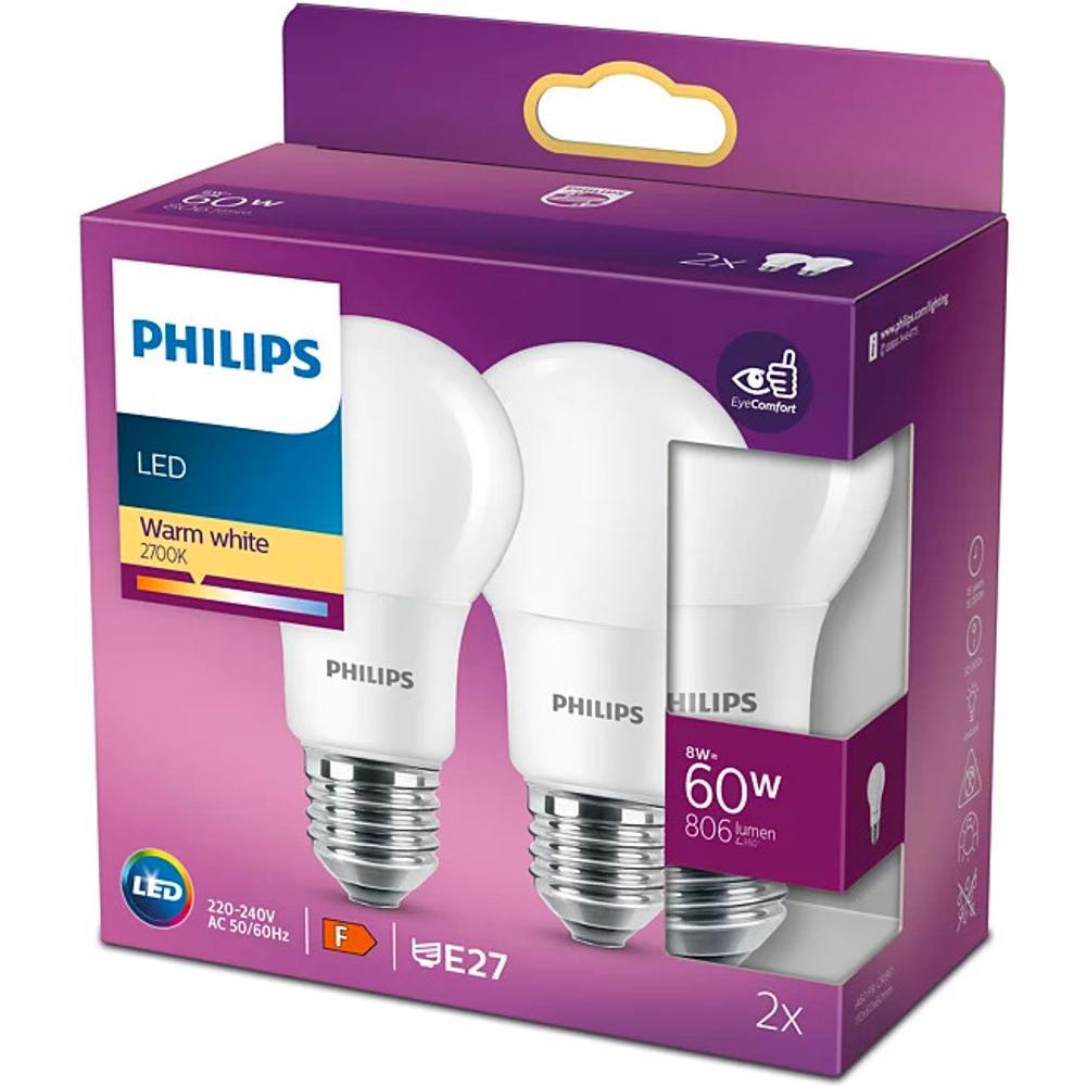 LED 60W A60 E27 2700K pachet de 2 PHILIPS | TonerPartner.ro