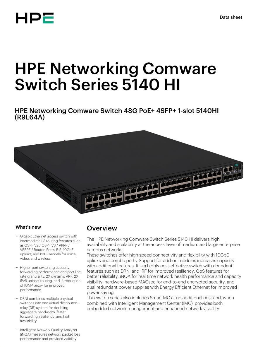 Comutator HPE FlexNetwork 5140 48G PoE+ 4SFP+ HI R9L64A REÎNNOIT ...